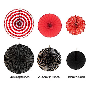 Recosis Hanging Paper Fan Set, Tissue Paper Pom Poms Flower Fan and Honeycomb Balls for Birthday Baby Shower Wedding Festival Decorations - Red Black and White