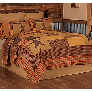 VHC Brands Stratton California King Quilt 130Wx115L Primitive Country Patchwork Design, Tan and Red-Orange