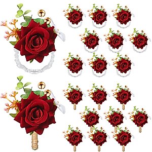 Sherr 20 Pcs Rose Wrist Corsage and Boutonnier Set Flower Wrist Corsage Wristlet Band Bracelet Wedding Bridegroom Men's Boutonniere Wristlet Hand Flower for Wedding Bouquets Supplies (Red)