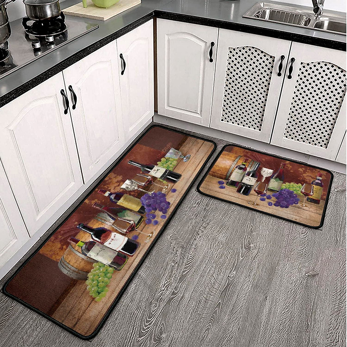 Kitchen Rugs and Mats Non Skid Washable-Fuoxowk Wine Decor Themed Kitchen Mat and Rug Set,Floor Cushion Waterproof Rug,Rubber Backed Area Rugs for Kitchen Sink,Laundry Room,Indoor Floor,Brown Burgundy