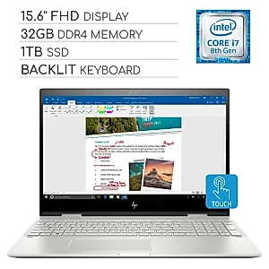 HP Envy X360 2-in-1 2019 Premium 15.6 FHD Touchscreen Laptop Computer, 4-Core Intel Core i7-8550U 1.8GHz, 32GB RAM, 1TB SSD, Backlit Keyboard, Wi-Fi, Bluetooth, Webcam, HDMI, USB-C, Windows 10