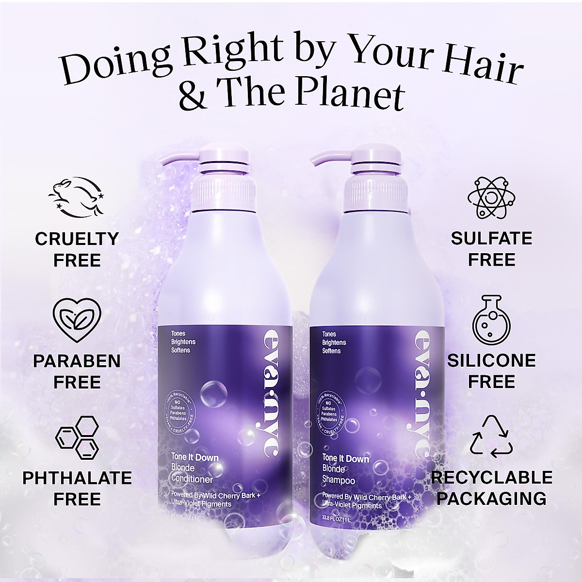 Eva NYC Tone It Down Blonde Shampoo and Conditioner Set, Moisturizing Purple Shampoo and Conditioner for Eliminating Brassy & Yellow Tones, Vegan Hair Shampoo and Conditioner, Pack of 2, 1L