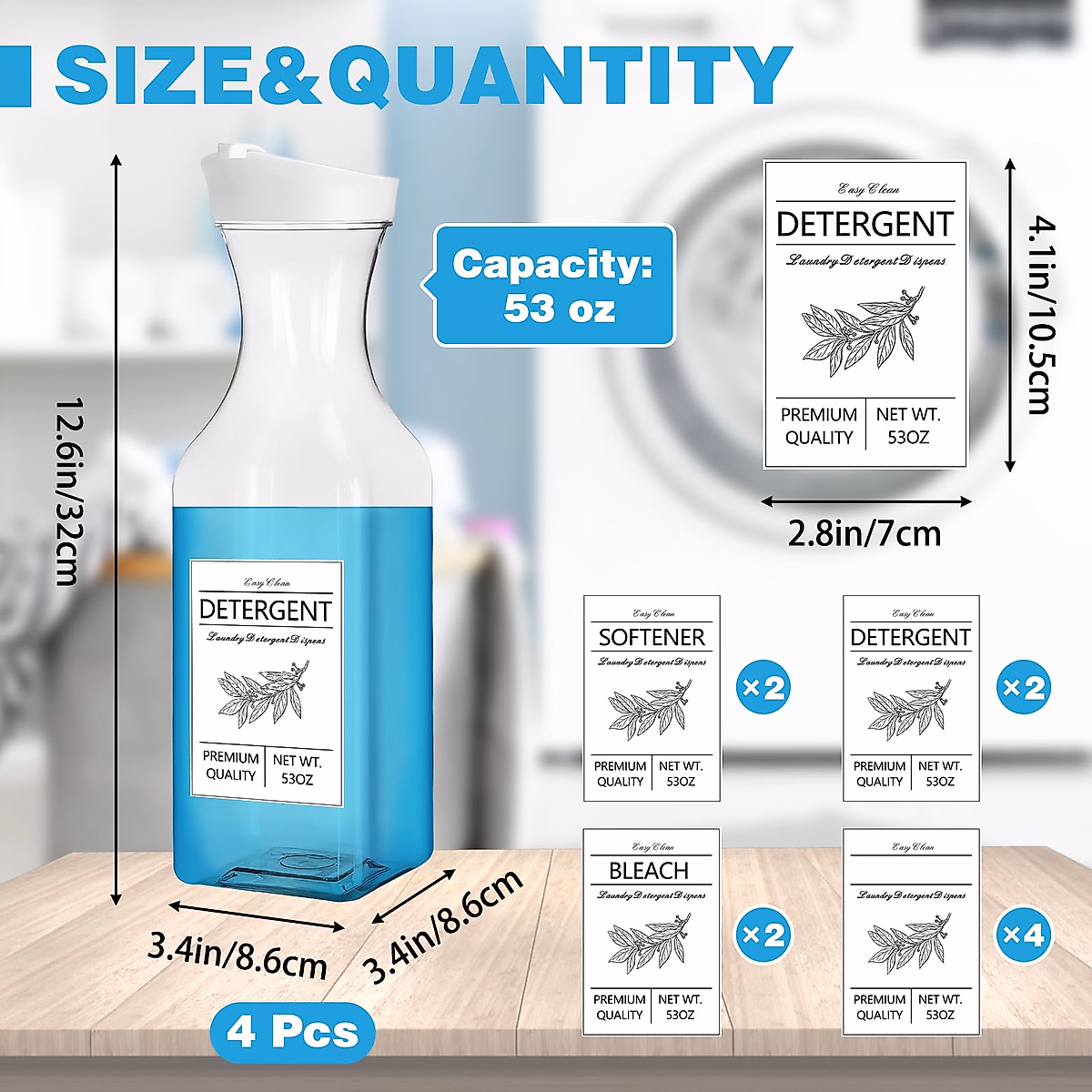 Laundry Detergent Dispenser Bottle 53oz with Label,4 Pack Liquid Laundry Dispenser,Plastic Detergent Dispenser for Laundry Room Organization and Storage,White Lid