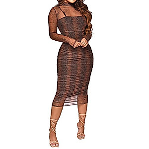 Uni Clau Women Sexy Long Sleeve Printed Sheer Mesh Bodycon Midi Dress See Through Slim Fit Tight Skinny Night Club Party Clubwear Long Dress with Lining Snakeskin 2XL