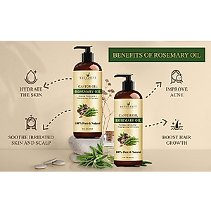 Handcraft Blends Castor Oil with Rosemary Oil for Hair Growth, Eyelashes, Eyebrows - 100% Pure and Natural Carrier Oil Hair, Body Oil - Moisturizing Massage Oil for Aromatherapy - 8 fl. Oz