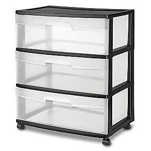 Sterilite 29309001 Wide 3 Drawer Cart, Black Frame with Clear Drawers and Black Casters, 1-Pack