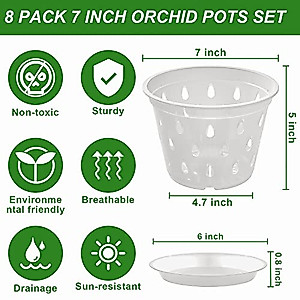 Suguder 8 Pack 7 Inch Orchid Pot, Orchid Pots with Holes and Saucers, Clear Plastic Plant Flower Pot for Indoor Outdoor Garden