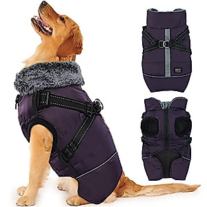 BRKURLEG Purple Dog Coat with Harness Detachable,Small Medium Large Dog Winter Clothes with Furry Collar,Pet Warm Snow Suit Jacket with Reflective,Waterproof Cold Weather Doggy Fleece Cozy Vest Hiking