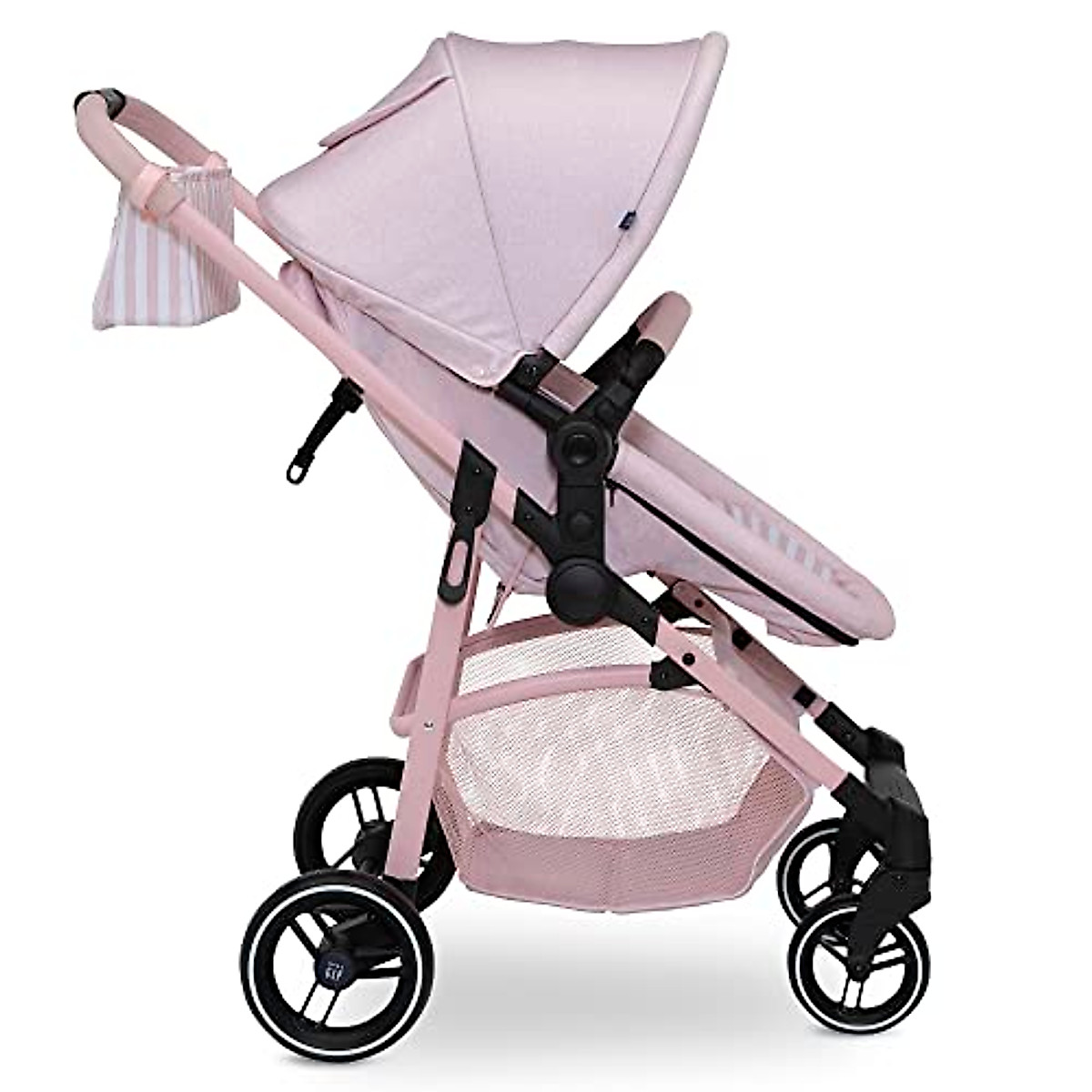 babyGap by Delta Children 2-in-1 Carriage Stroller - Greenguard Gold Certified - Car Seat Compatible, One-Handed Fold, Lightweight & Oversized Canopy - Made with Sustainable Materials, Pink Stripes
