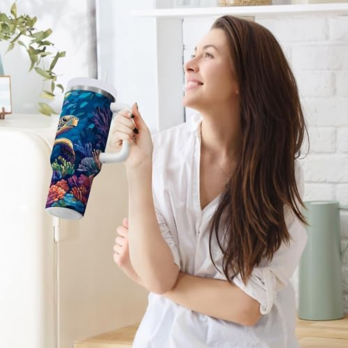 Slewiaeky Tumbler with Handle 40 oz Lovely Turtle Ocean Travel Mug with Lid and Straw Sea Stainless Steel Vacuum Insulated Water Bottle Cup for Iced Tea Coffee Cold Beverages Cup Holder Friendly