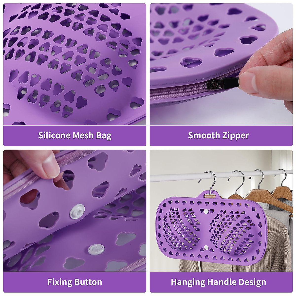 Bra Washing Bags for Laundry, Silicone Lingerie Bags for Washing Delicates Laundry Bag, Underwear Washing Bag Dryer Bra Protector With Zipper for Women Laundry Storage, Purple (32A to 38D Cups)