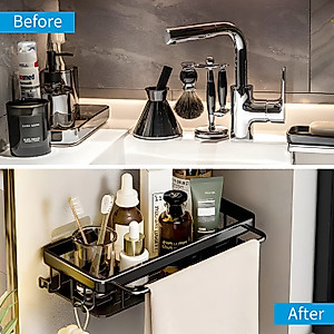 LYGJMYOK Black Kitchen Sink Caddy Sponge Holder, Stainless Steel Suction Cup Kitchen Sink Organizer With Dishcloth Rack, No Drill Rustproof Soon Clean Kitchen Sink Caddy Removable Drain Tray