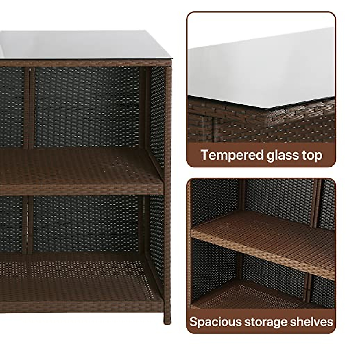 3-Piece Patio Bar Set Outdoor Wicker Bar Set All-Weather Rattan Bar Table Set Outdoor Furniture Set w/2 Stools, Glass Top Table and 2 Thick Cushion for Patios Backyards Porches Gardens Poolside, Blue