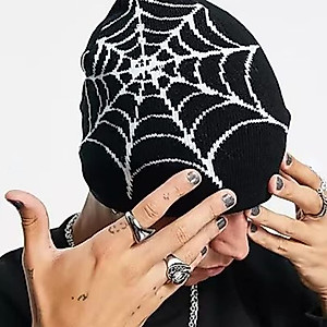 Dicusph Y2K Gothic Spider Pattern Wool Acrylic Knitted Hat Women Beanie Winter Warm Beanies Men Casual Skullies Outdoor (Black)