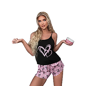 WDIRARA Women's 2 Piece Contrast Binding Heart Print Cami Top and Shorts Satin Pj Set Multicolored S