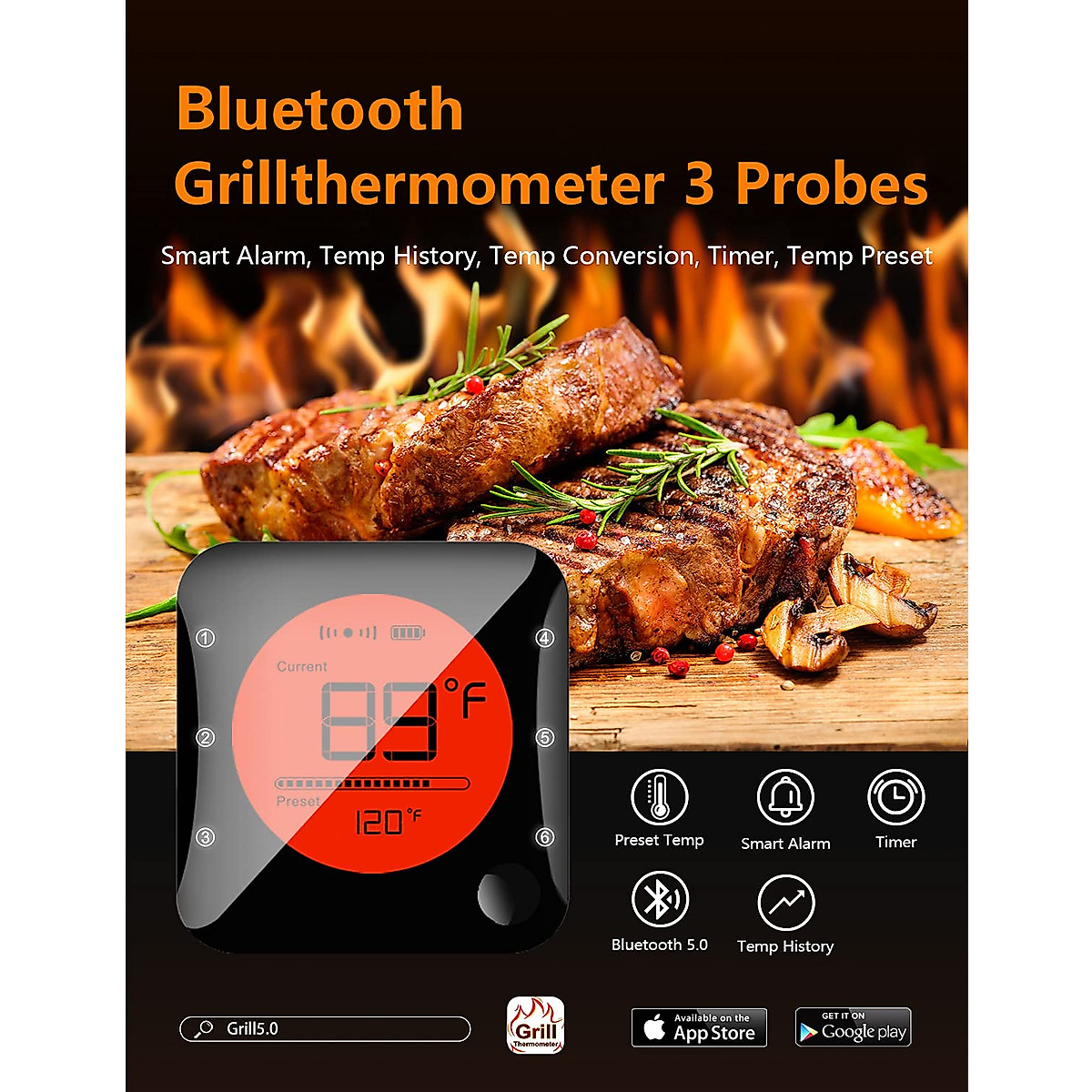 BFOUR Bluetooth Meat Thermometer Wireless Grill Thermometer with 3 Probes, Premium Digital Instant Read Meat Thermometer Food Thermometer Timer Alarm for Smoker, Grill, Oven, Kitchen, Cooking, BBQ
