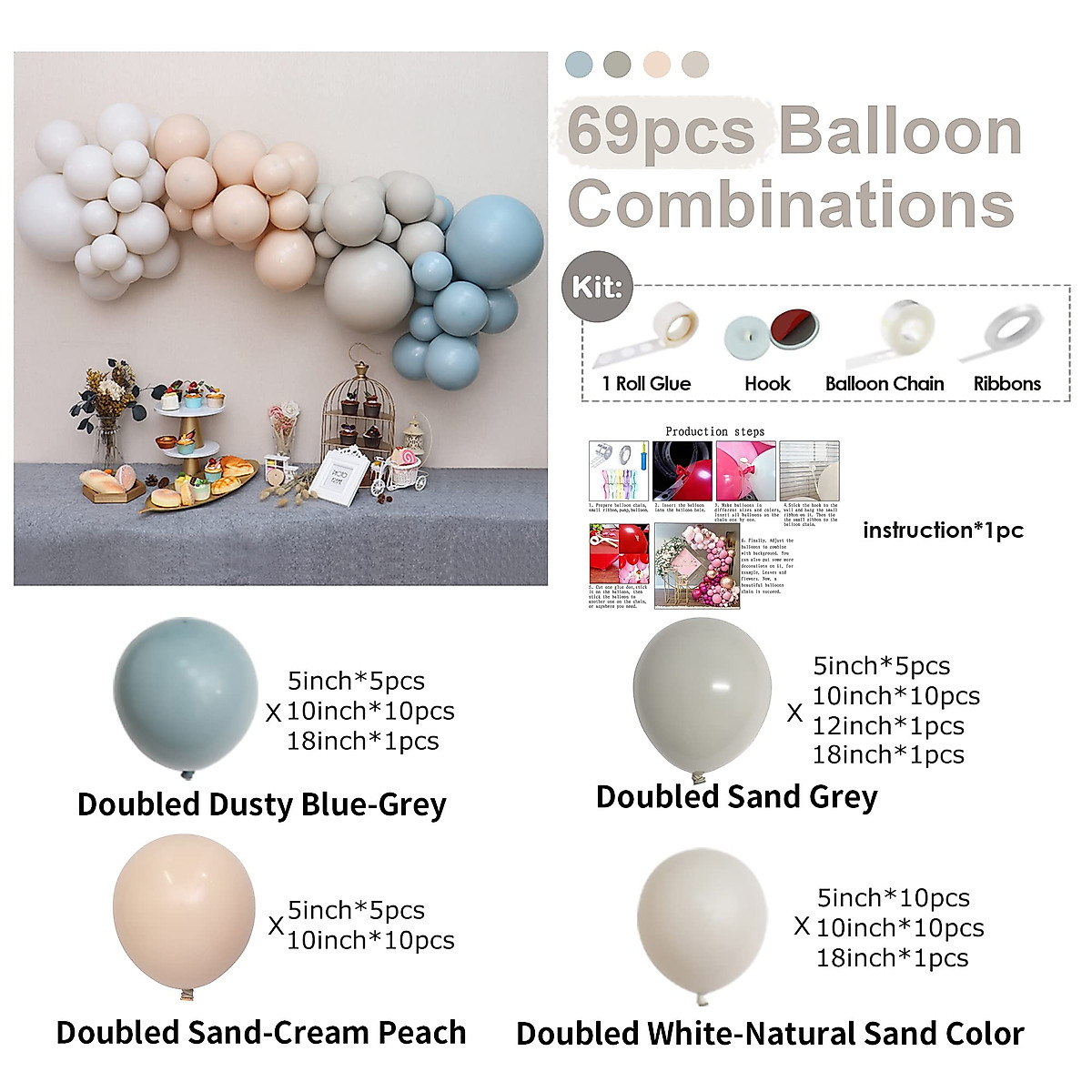 MYDECORBL Double Stuffed Balloon Combination Dusty Blue-Grey Doubled Sand Grey Doubled Sand Cream Peach Doubled White Natural Sand Balloons for Baby Shower Birthday Wedding Party Decoration