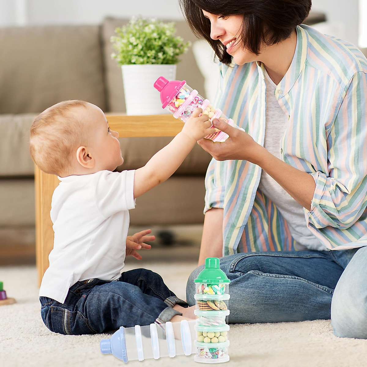 2 PCS 5 Layers Baby Milk Powder Dispenser, Milk Powder Pots, Formula Dispenser Portable Milk Powder Formula Dispenser Container Pot Box Milk Cans Snack Storage Box for Travel (Blue + Pink)