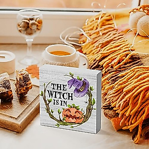 Country Halloween Wood Box Sign Fall Rustic Farmhouse Style the Witch is in Wood Block Plaque 5 X 5 Inches Home Desk Sign Decor for Halloween Presents