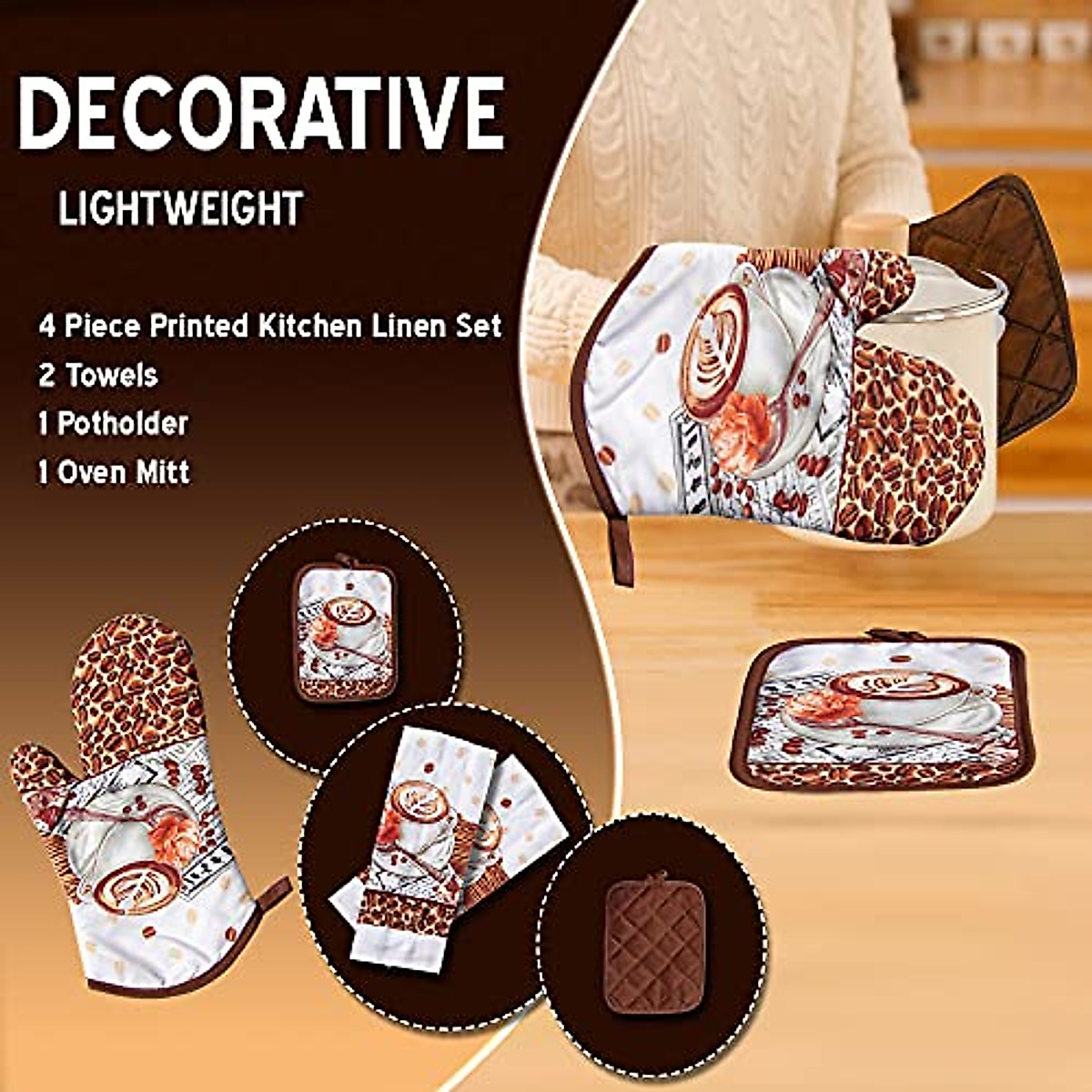 Lobyn Value Packs - 2 Coffee Kitchen Dish Towels, Matching Potholder & Oven Mitt Linen Set Steaming Style for Your Kitchen Decor Featuring Cafe Themes