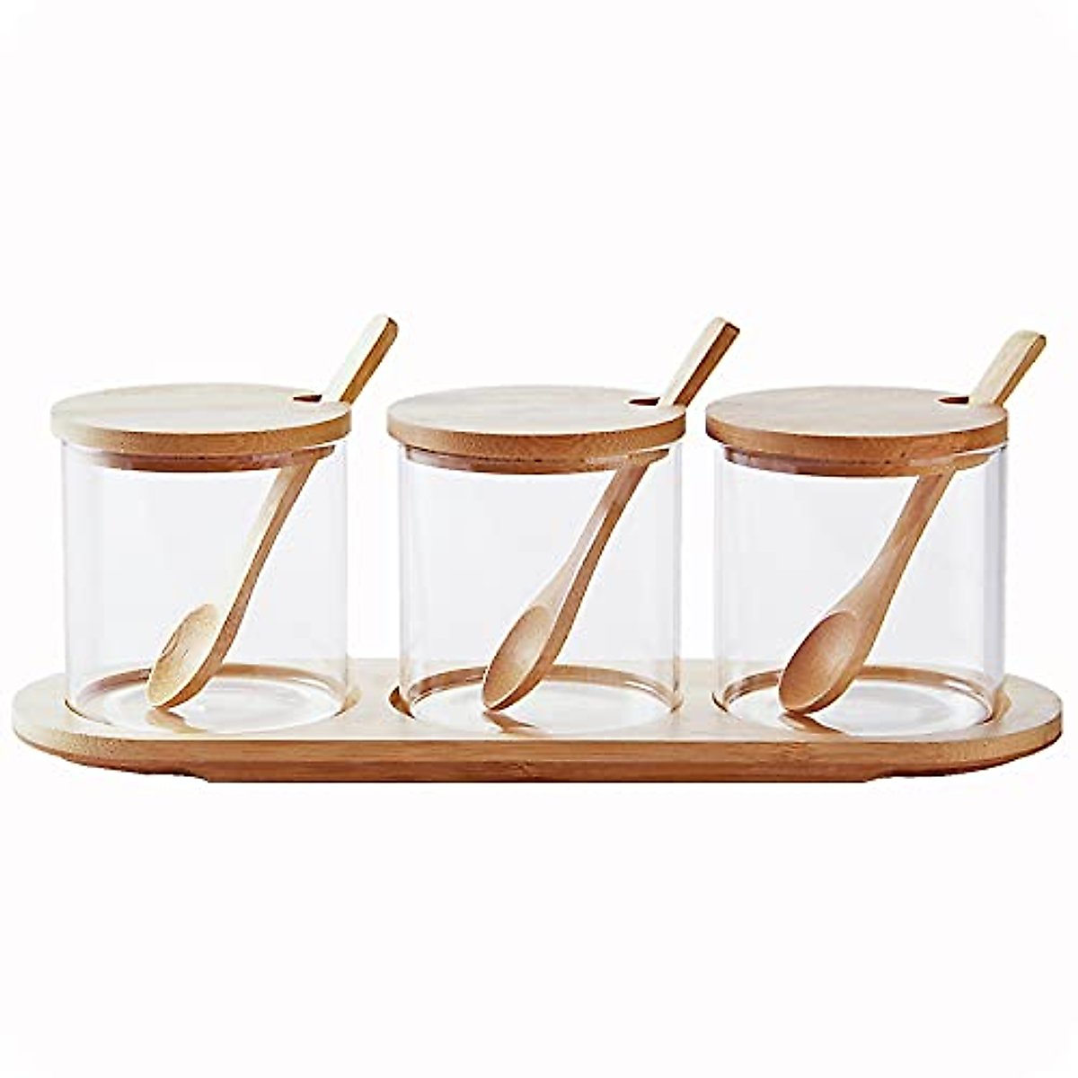 HONGCHU Seasoning Box，Condiment Pots，Glass Condiments Container Condiment Jars with Spoons Container for Spice Salt Sugar Cruet 3P
