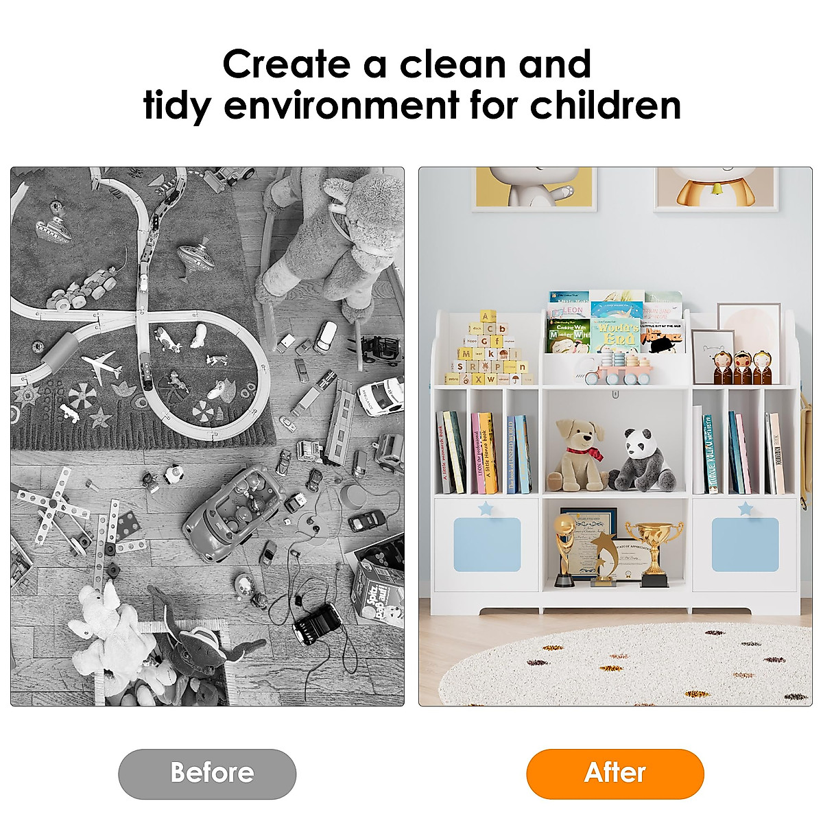 FACBOTALL Kids Bookshelf with 2 Drawers, 3 Tier Wooden Toy Storage Organizer, Wavy-Patterned Toy Box for Boys & Girls, Toddler Book Shelf for Kids Rooms, Nursery, Playroom, Living Room, White & Blue