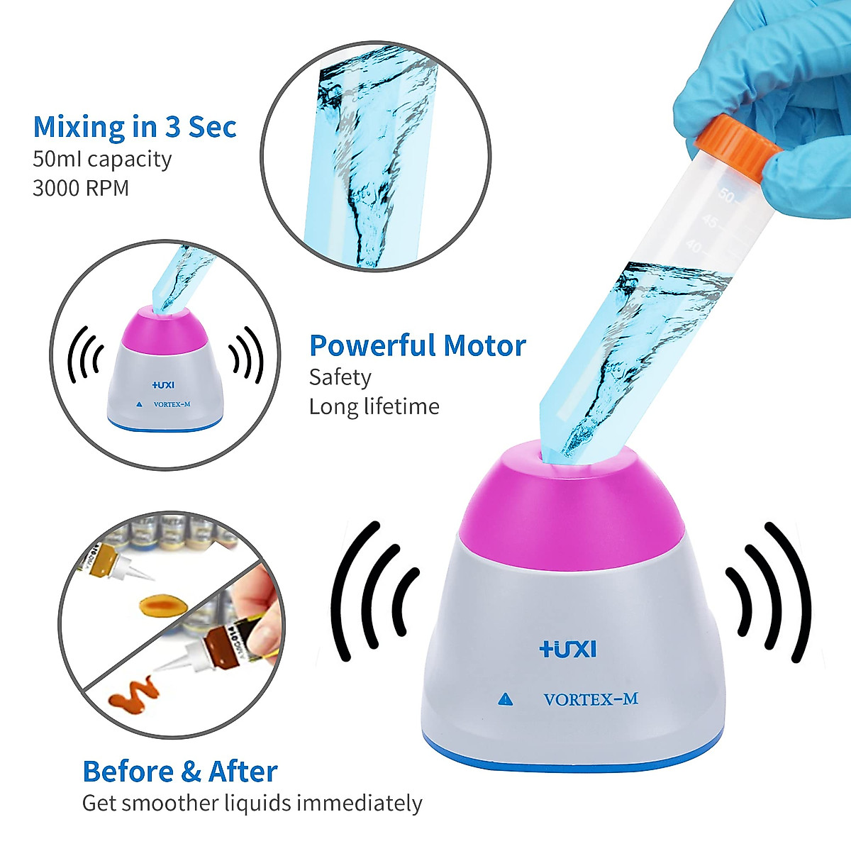 Mini Vortex Mixer HuXi Lab Vortex Shaker, 3000RPM Portable Vortexer with Touch Function for Nail Polish, Eyelash Adhesives, Pigments, Acrylic Paints Mixing, Test Tubes and Centrifuge Tubes 50ML