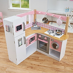 KidKraft Grand Gourmet Corner Wooden Play Kitchen with Washer, Chalkboard, Curtains and 4 Accessories, Gift for Ages 3+