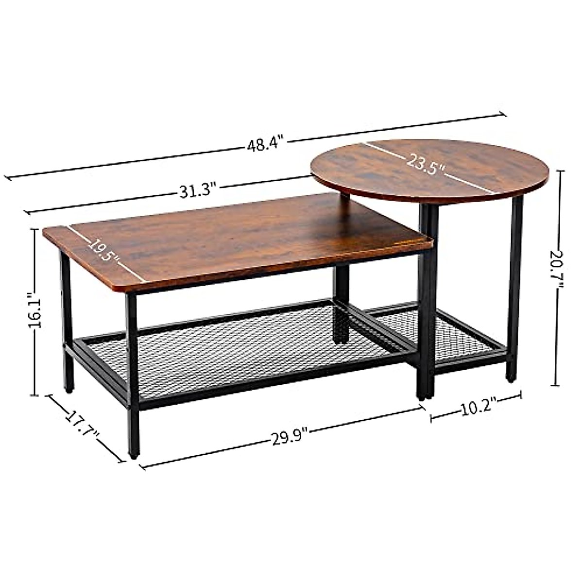 BETTAHOME 2 Piece Industrial Coffee Table Set, Detachable Nesting Rectangular and Round Side Table with Storage Shelf, Ideal for Living Room, Small Spaces Rustic Brown BT003