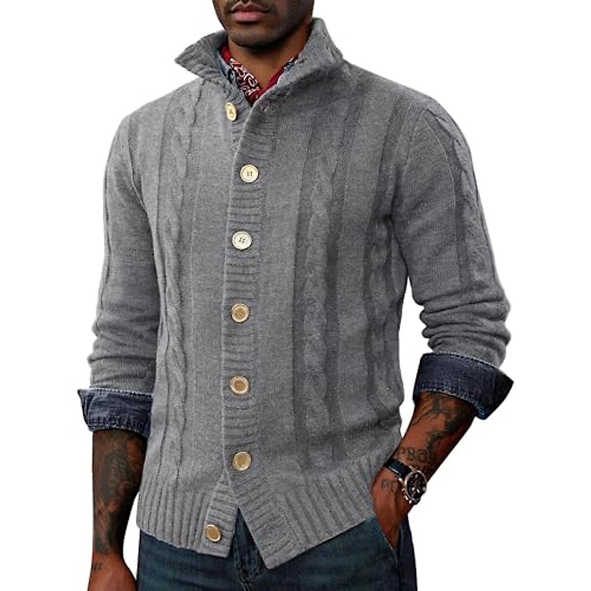 Mens Stand Collar Cardigan Button Down Slim Fit Cable Knitted Sweater Gray 2XL