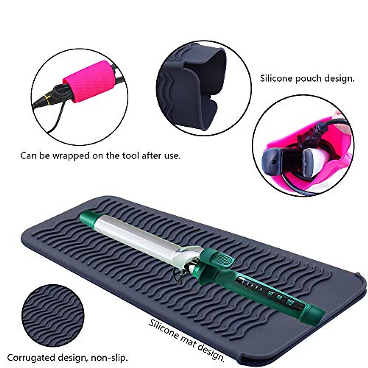 2Pack Heat Resistant Silicone Mat Pouch, Portable Styling Heat mat, Curling Iron pad Cover, Hair Straightener Travel Bag Case, for Flat Iron, Curler Wand, Hot Waver, Salon Tools Appliances (GrayPink)