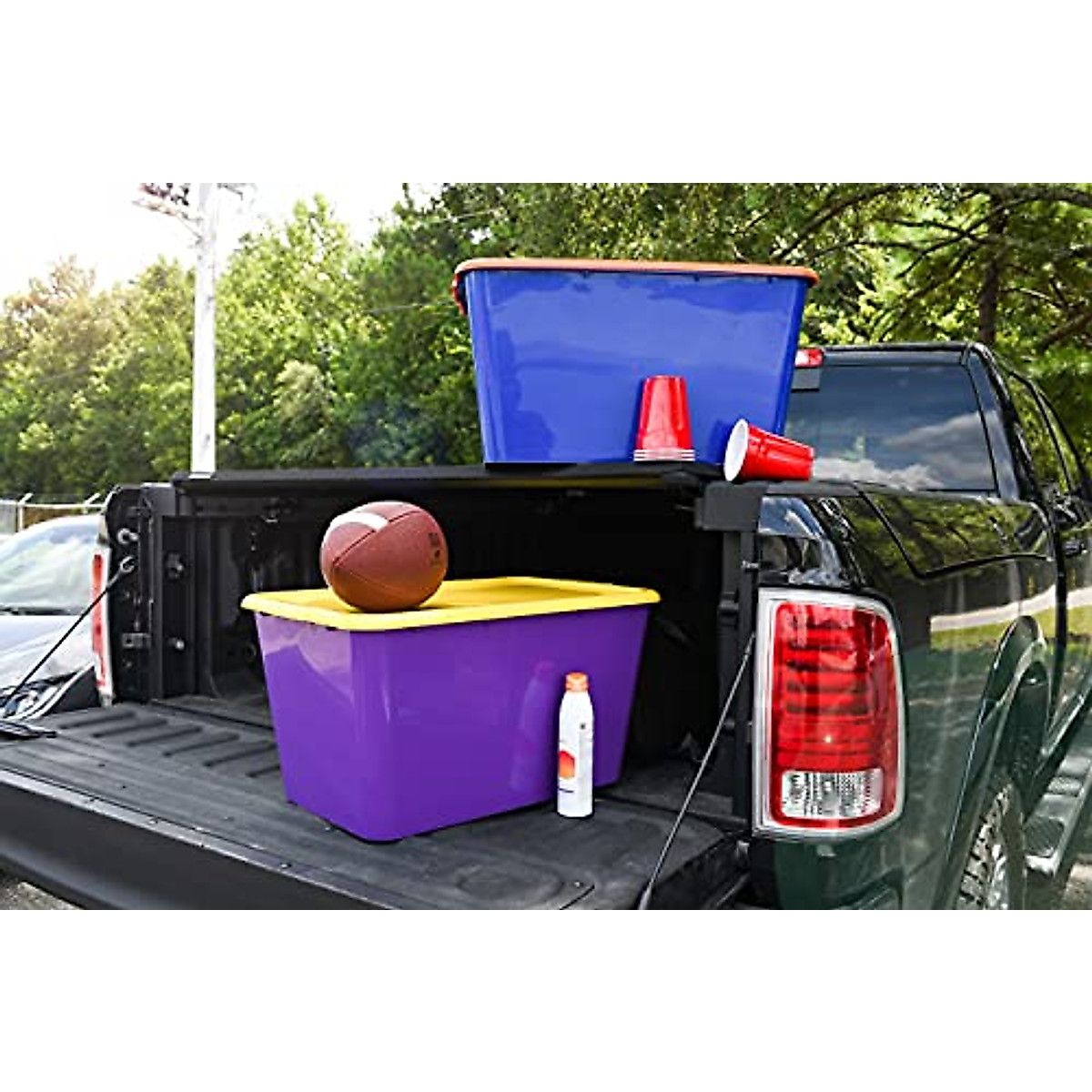 SIMPLYKLEEN 14.5-gal. (58-qt.) Plastic Storage Containers with Lid, Fan-Tastic Storage Bins Purple/Gold (Pack of 4)