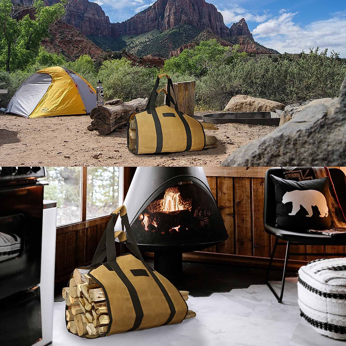 Cupohus Extra Large 2in1 Firewood Carrier Waxed Canvas Bag 44”x23”, Heavy Duty Log Holder Tote Bag with Handles and Shoulder Strap for Indoor Fireplace Wood Stove Accessories, Outdoor Camping (Khaki)