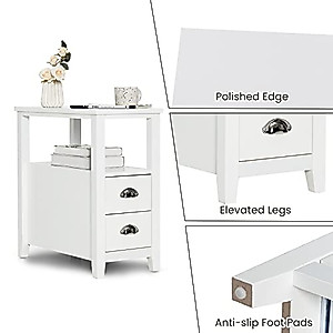 Giantex End Table Wooden W/ 2 Drawers and Shelf Space-Saving Rectangular Bedside Table with Metal Handle, Retro Side Table for Living Room Bedroom Home Furniture Side Table (1, White)