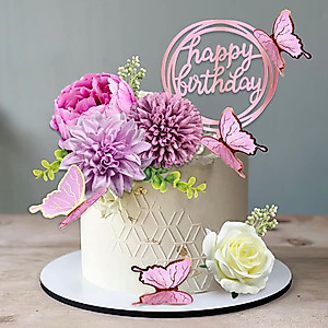 14 PCS Butterfly Cake Toppers Happy Birthday Cake Decorations with Artificial Purple Flowers Eucalyptus Butterflies for Girls Birthday Party Wedding Baby Shower Supplies (Purple)