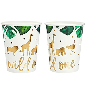 144 Piece Wild One Party Supplies for First Birthday Decorations for Boys and Girls, Jungle Safari Theme Dinnerware with Paper Plates, Napkins, Cups, and Cutlery (Serves 24)