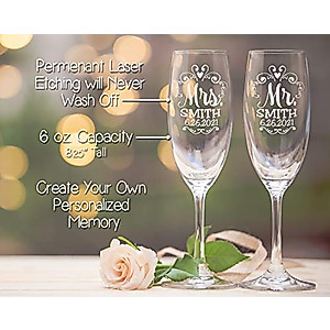 Mr Mrs Wedding Reception Celebration Twisty Stem Champagne Glasses Set of 2 Couples Newlywed Married Groom Bride Husband Wife Anniversary Engraved CLEAR Flute Glass Favors (Personalized)