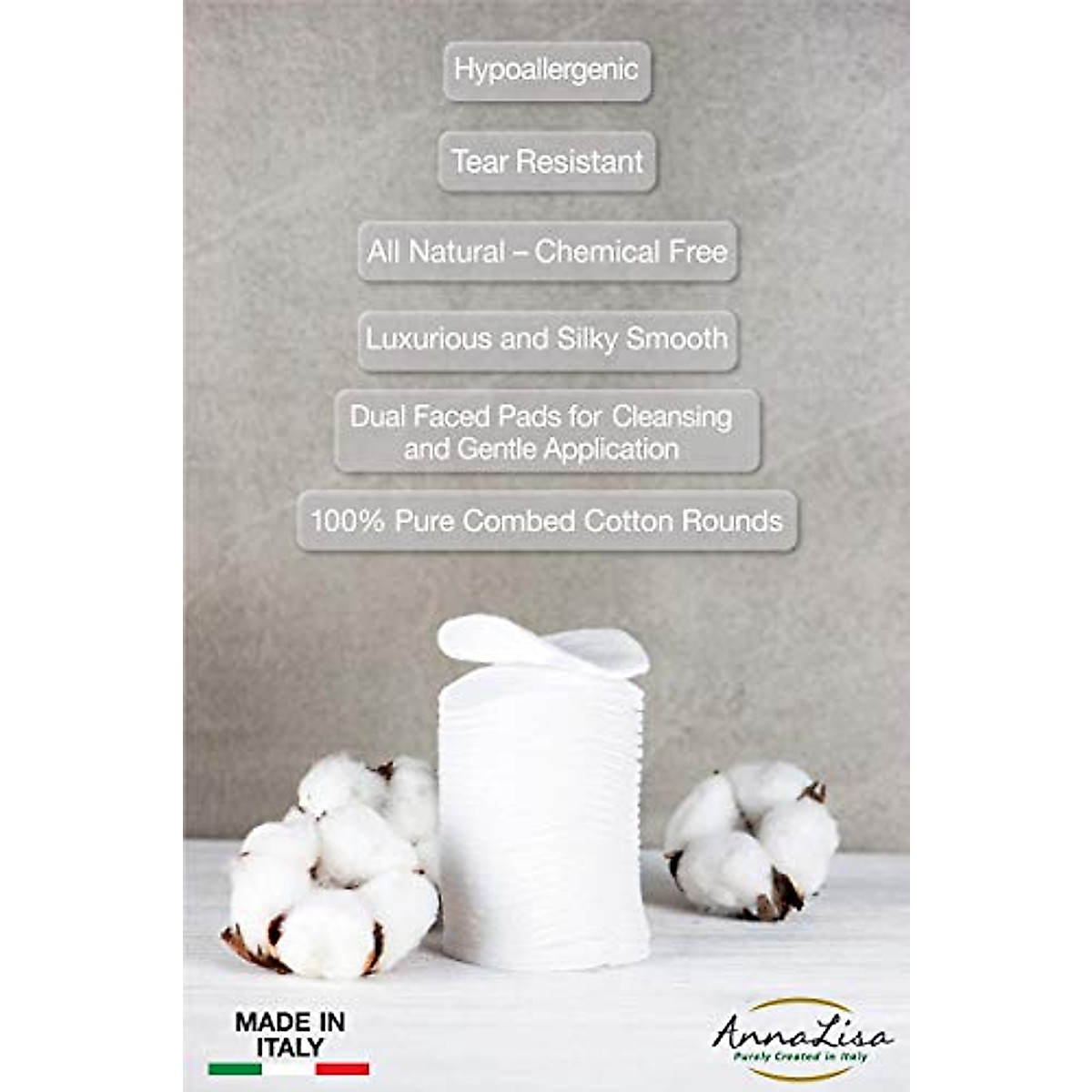 AnnaLisa 100% Pure Combed Cotton Rounds 3 Packs of 80 Hypoallergenic & Absorbing Cotton Pads for Face/Makeup/Nail Polish Removal |240-Piece Italian Round Facial Cleansing|