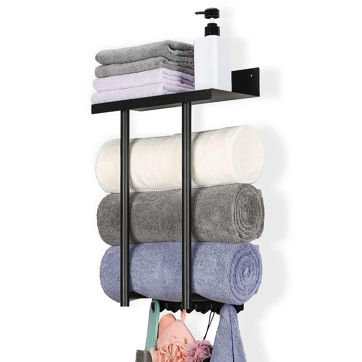 Towel Rack Wall Mounted,Bathroom Rolled Towel Holder,Adhesive Metal Black Shelf Towel Hanger,Nails Free Bath Blanket Storage,Stainless Steel Shower Hooks Towel Organizer,Home Bathroom Accessories Set