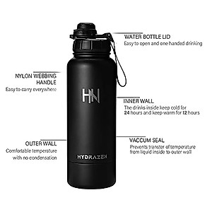 Hydrazen Black Sports Water Bottle With Storage -32 Oz, 3 Lids (Straw Lid, Locking Lid), Cleaning Brushes, Double Walled, Vacuum Insulated Stainless Steel, Thermos, Leak Proof, Flask Water bottles