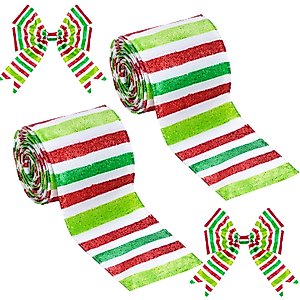 obmwang 2 Rolls Christmas Glitter Stripes Wired Edge Ribbon Red White Green Stripes Ribbons Wired Christmas Holiday Ribbon for DIY Craft Bows Xmas Tree Decoration, 2.52" x 6.56 Yards