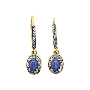 Rylos Yellow Gold Plated Silver Dangling Earrings - 6X4MM Oval Blue Star Sapphire & Sparkling Diamonds - Exquisite Birthstone Jewelry