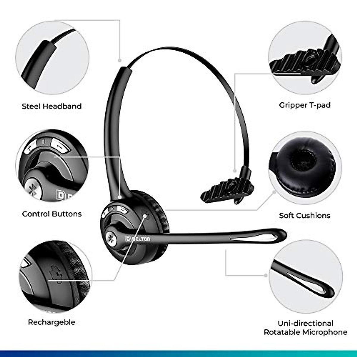 Delton Trucker Bluetooth Headset, Wireless Headphones w/Microphone, Headphones for Truck Driver, Wireless Over The Head Earpiece with Mic for Skype, Call Centers - 18Hr - 10 Pack