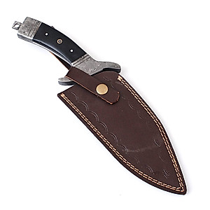 Nooraki BK-342 Handmade Damascus Steel Fixed Blade Bowie Knife with Leather Sheath, Multipurpose Knife, Damascus Bolster with Black Micarta Handle and Damascus guard for Everyday Carry, Camping, Hunting, 12 Length