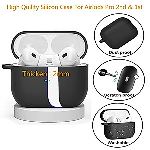 Geeice AirPods Pro 2nd/1st Generation Case Cover 2022/2019, 3 in 1 Soft Silicone Full Protective Cover Accessories with Keychain Lanyard and Cleaning Pen for Women Men, Black