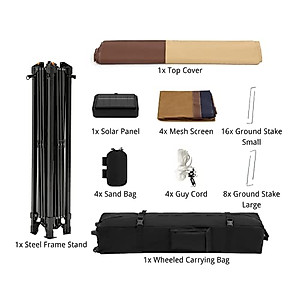 Suntime 12x12 Instant Pop Up Gazebo Canopy Tent Shelter with Solar LED Lights, Zippered Mesh Mosquito Netting, Wheeled Roller Carry Bag, Bonus Weight Sandbags, Stakes, Ropes - Brown