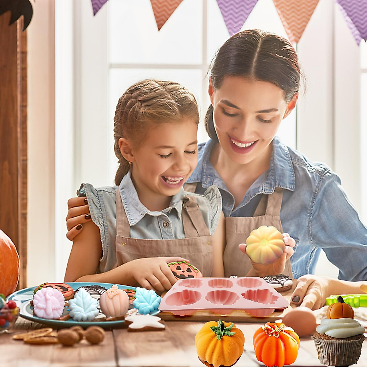 2Pcs 3D Pumpkin Mold Fall Silicone Mold Halloween Thanksgiving Fall Theme Silicone Molds Maple Leaf Acorn Shape Chocolate Cake Pan Fondant Candy Mold for Cupcake Toppers Resin Candle Soap Ice Cube Tra