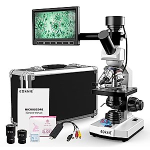 Microscope for Adults with 40X-2500X Magnification,Dual-View Lab Compound Monocular Microscopes with Adjustable Thermostat Mechanical Stage, WF10X/25X Eyepiece, 7'' LCD Screen, Built in 5MP Camera