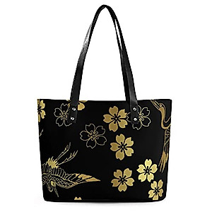 Womens Handbag Japanese Cherry Flower And Crane Leather Tote Bag Top Handle Satchel Bags For Lady