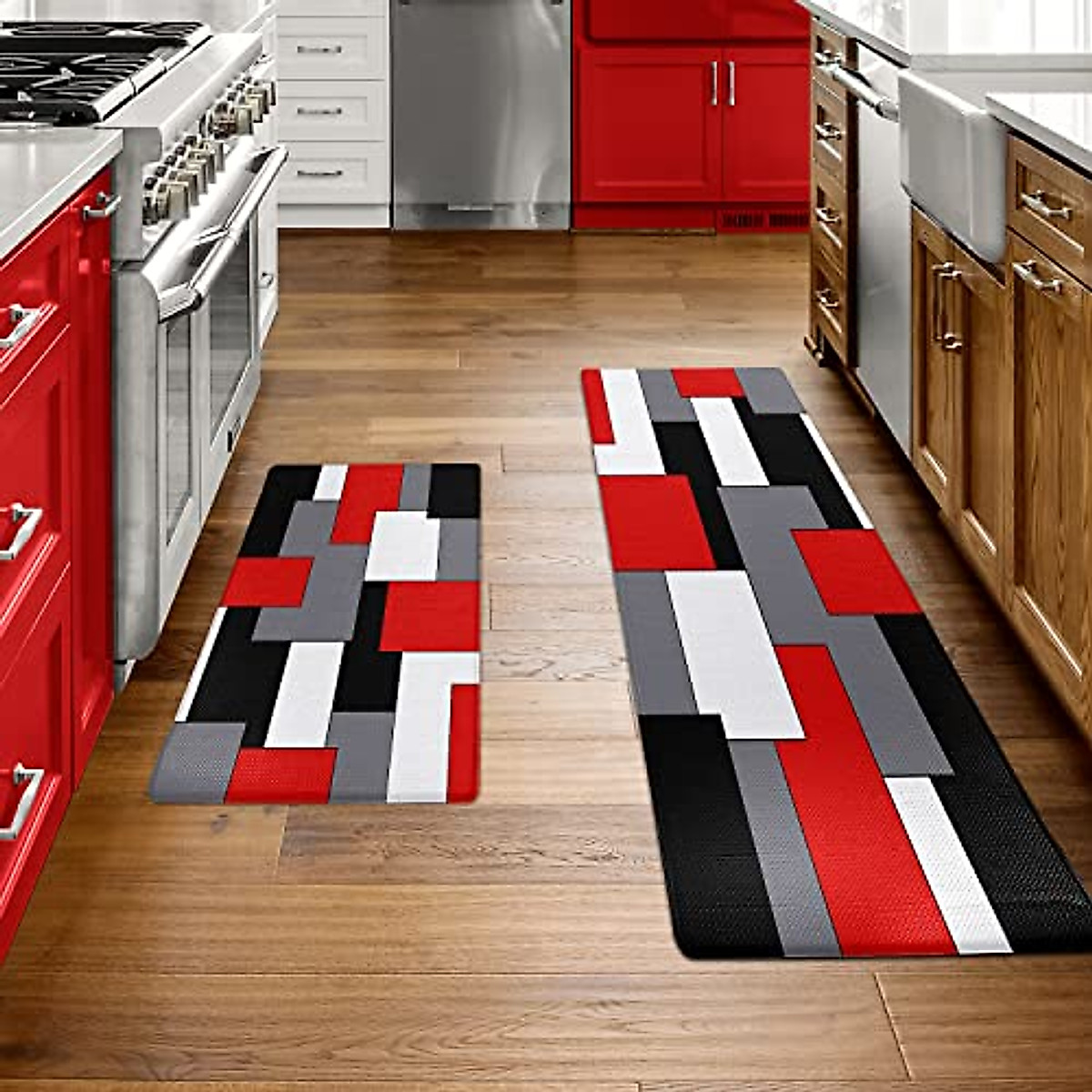 FNLNDO Red Black Grey White Kitchen Rugs and Mats Set of 2 Cushioned Anti Fatigue Kitchen Rugs Set Geometric Non-Skid Washable Kitchen Mats for Kitchen Sink Laundry
